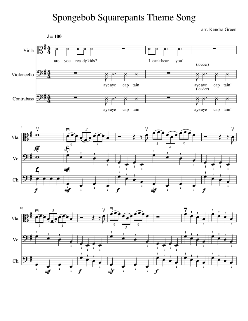 Spongebob Squarepants Theme Song Sheet music for Contrabass, Viola ...