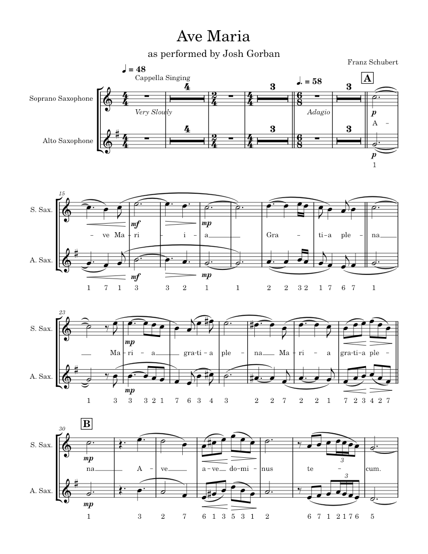 Ave Maria, D.839 – Franz Schubert (Sax Duet) Sheet music for Saxophone alto, Saxophone soprano ...