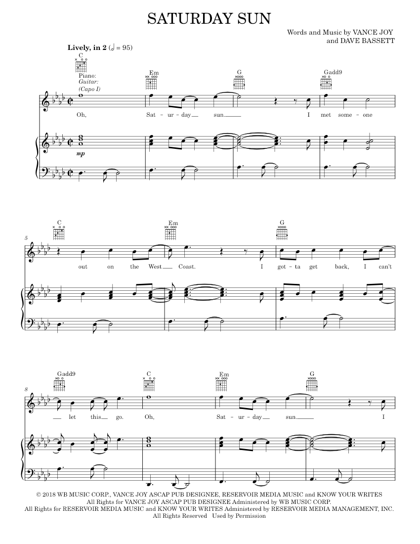 saturday sun Sheet music for Piano, Vocals: Music Notes