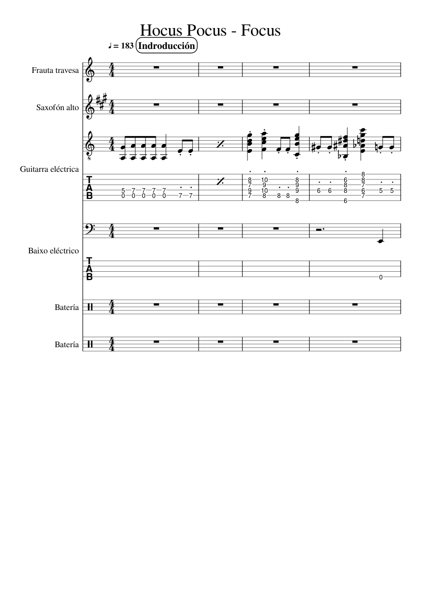 Hocus Pocus - Focus Sheet Music and Tab for Flute, Saxophone alto ...