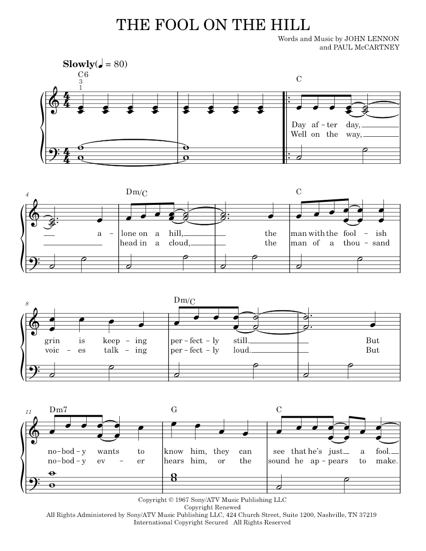 fool on the hill Sheet music for Piano by The Beatles Official | MuseScore.com