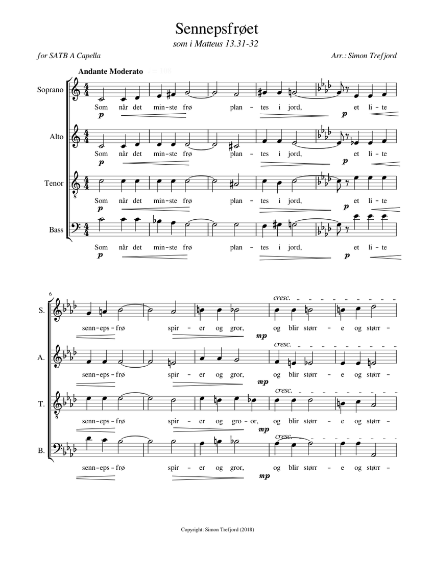 Sennepsfrøet Sheet music for Soprano, Alto, Tenor, Bass voice (SATB ...
