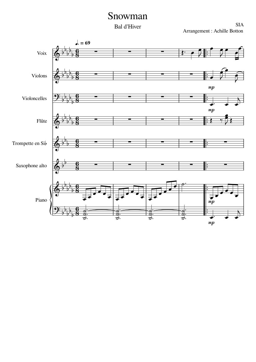 Snowman Sheet music for Piano, Flute, Saxophone alto, Strings group ...