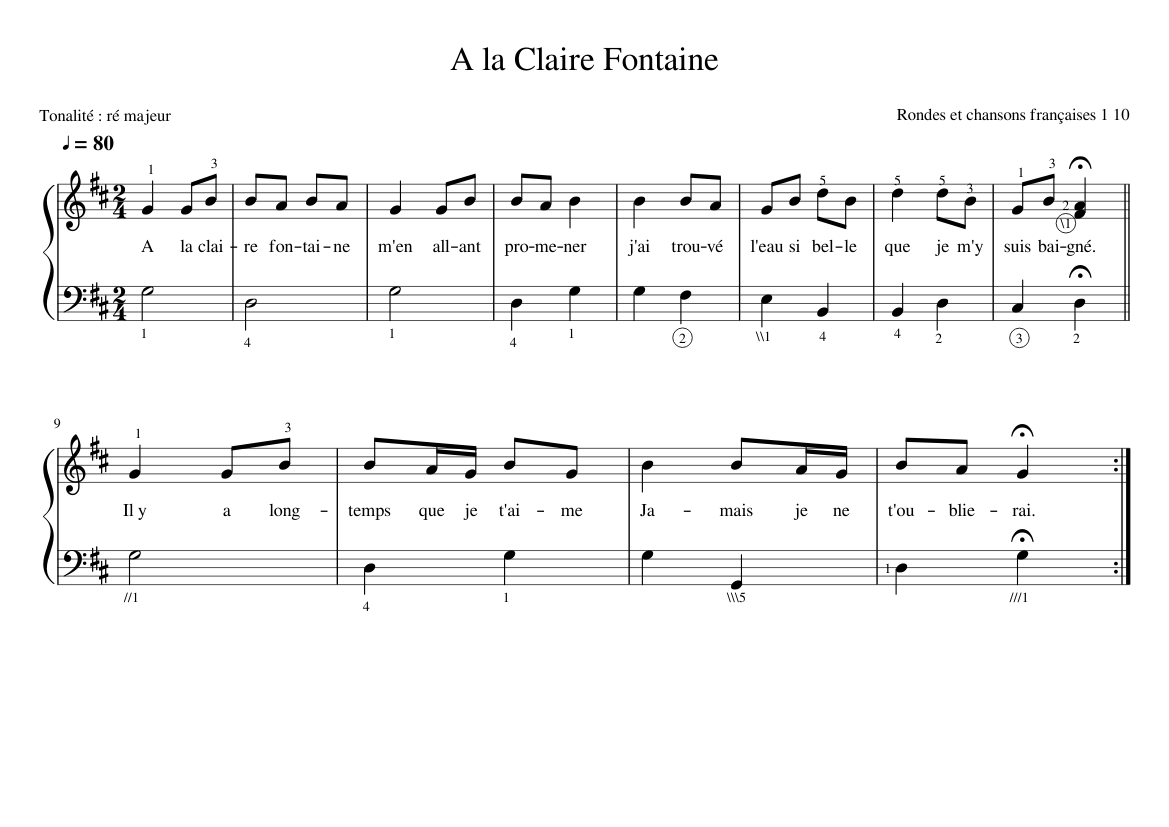 A la Claire Fontaine Sheet Music for Piano (Solo) Easy | MuseScore.com