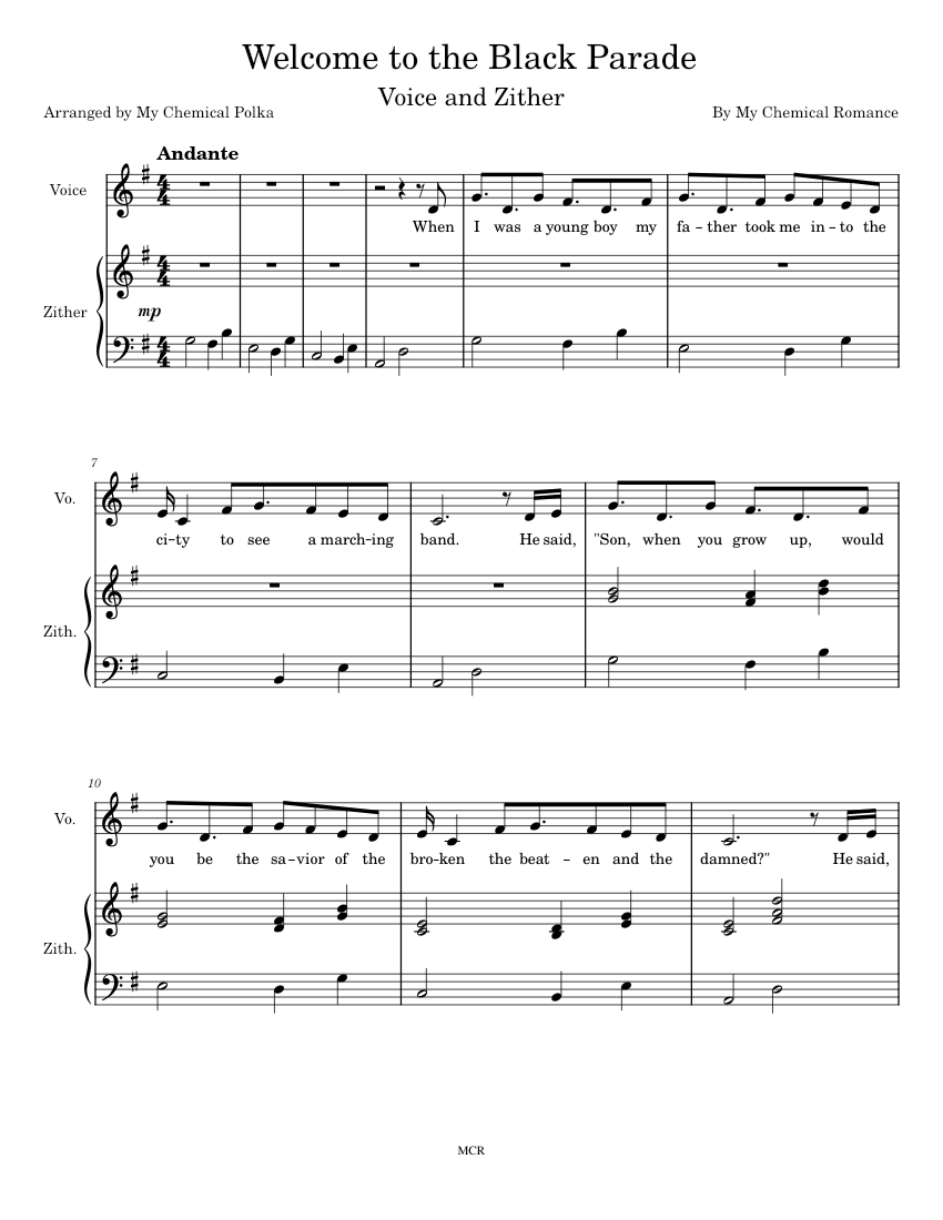 Welcome to the Black Parade – MCR - Voice and Zither Sheet music for ...