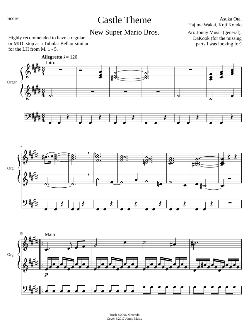 Castle Theme New Super Mario Bros. Organ Cover Sheet music for Organ ...