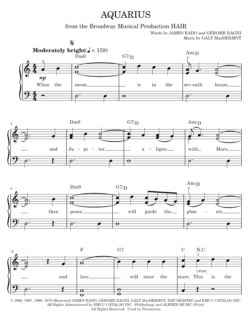 Play Official version of Aquarius sheet music by The Fifth Dimension ...