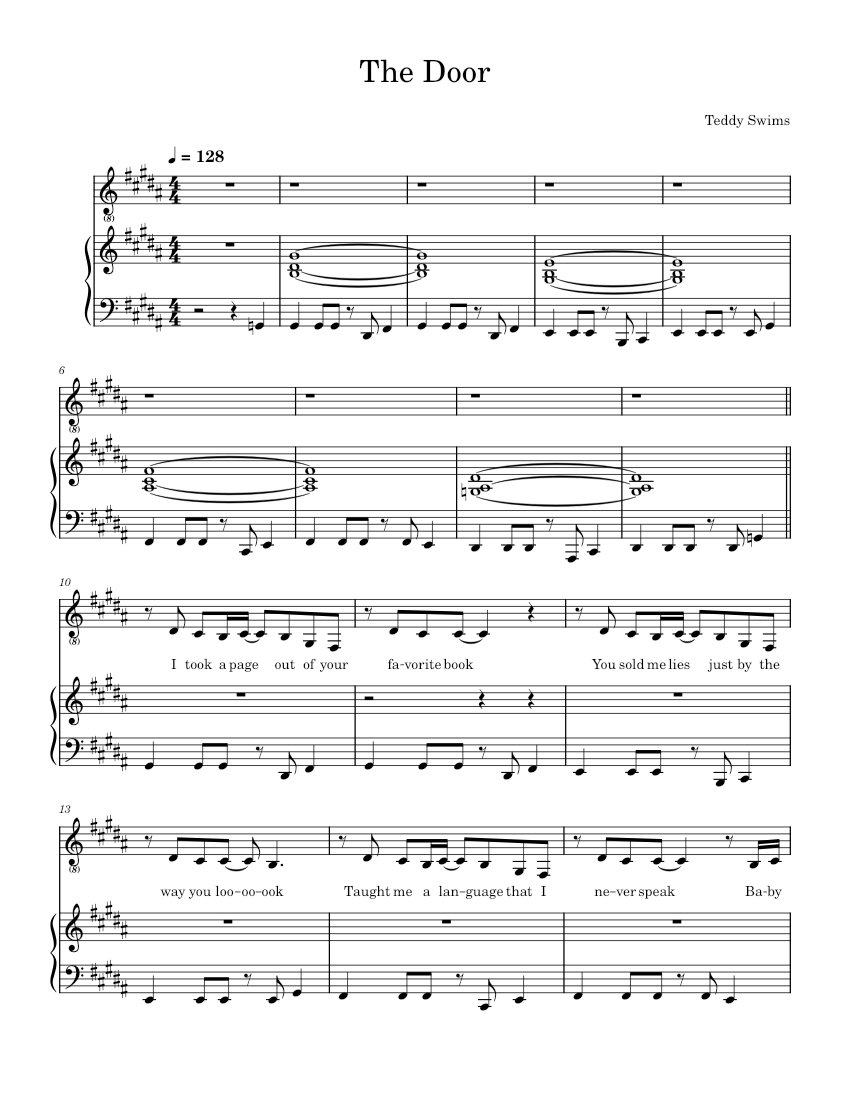 The Door by Teddy Swims Sheet Music for Piano, Synthesizer (Mixed Duet ...