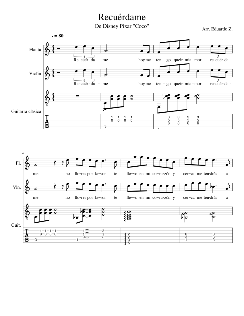 Recuérdame Coco Sheet Music and Tab with Chords for Flute, Violin ...