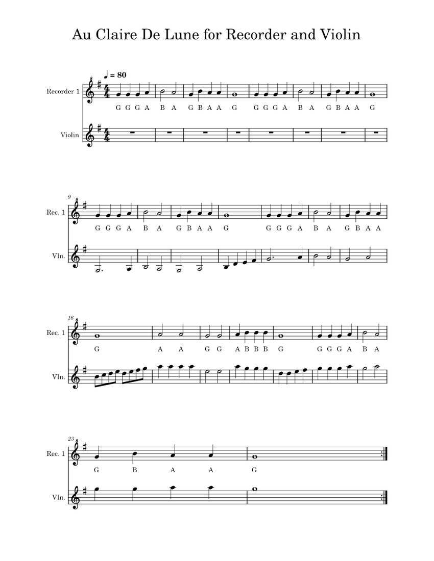 Au_Claire_De_Lune_for_Recorder_and_Violin Sheet music for Violin ...