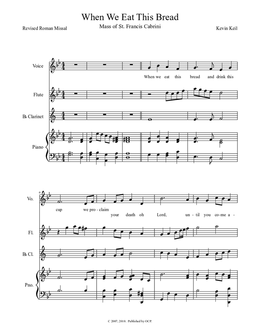 When We Eat This Bread (harmony) Sheet music for Piano, Flute, Clarinet ...