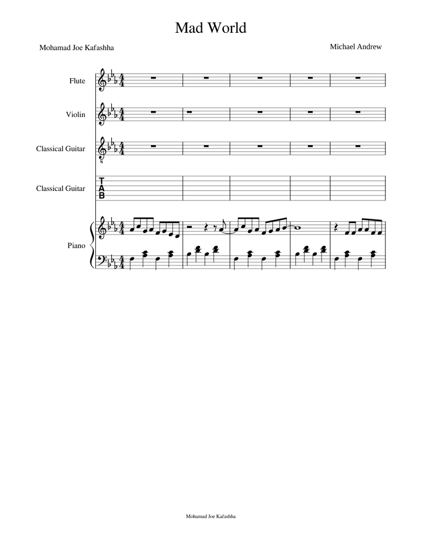 Mad World Sheet music for Piano, Flute, Violin, Guitar (Concert Band) | Musescore.com