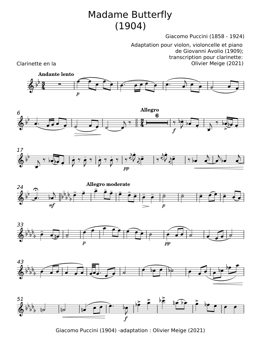 Madama Butterfly, SC 74 - Giacomo Puccini Sheet music for Clarinet in a (Solo) | Musescore.com