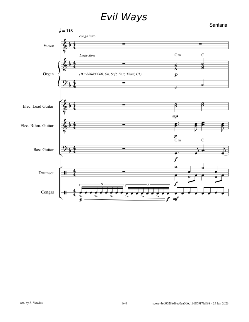 Evil Ways (Santana) Sheet Music for Organ, Vocals, Guitar, Bass guitar ...