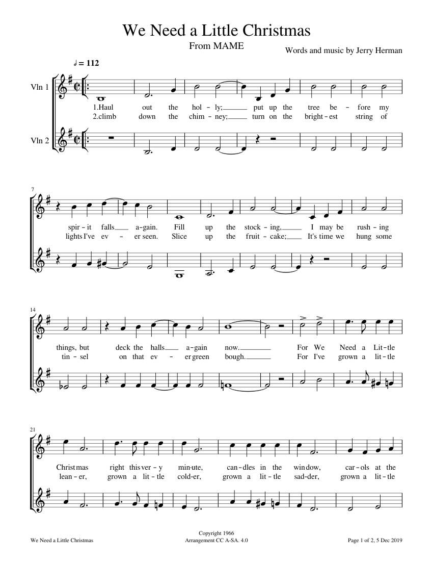 We Need a Little Christmas Sheet music for Violin (String Duet ...