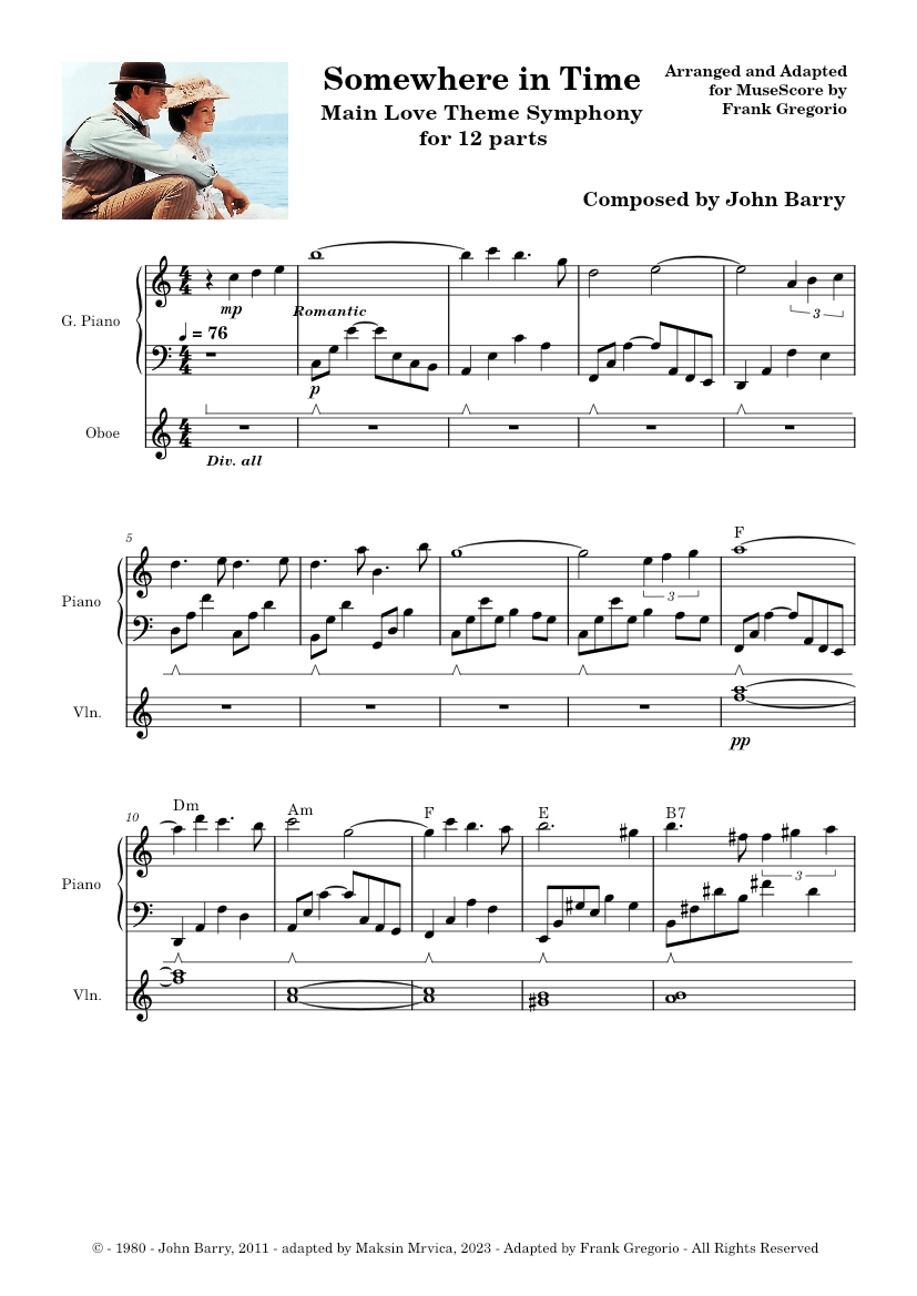 Somewhere in Time Love Theme, by John Barry Sheet music for Piano, Oboe ...