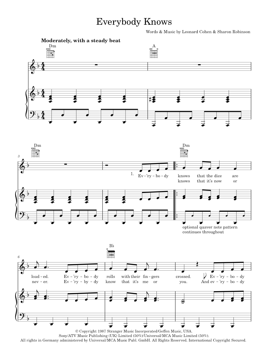 everybody knows Sheet music for Piano, Vocals by Leonard Cohen Official ...