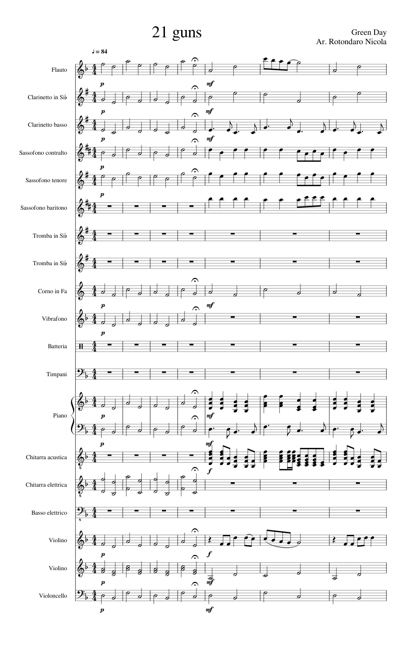 21 guns Sheet music for Piano, Flute, Clarinet in b-flat, Clarinet bass ...