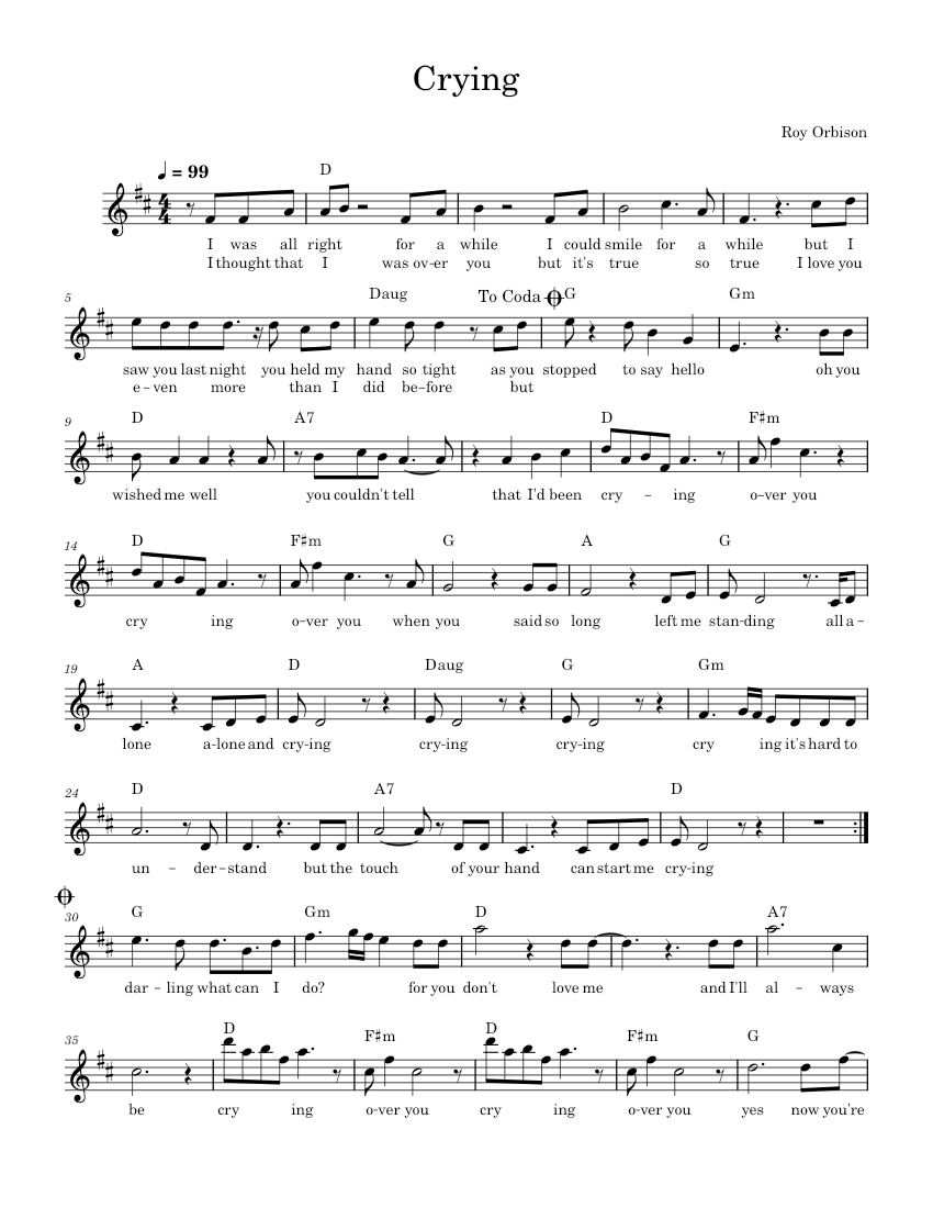 Crying – Roy Orbison Crying Sheet music for Piano (Solo) Easy ...