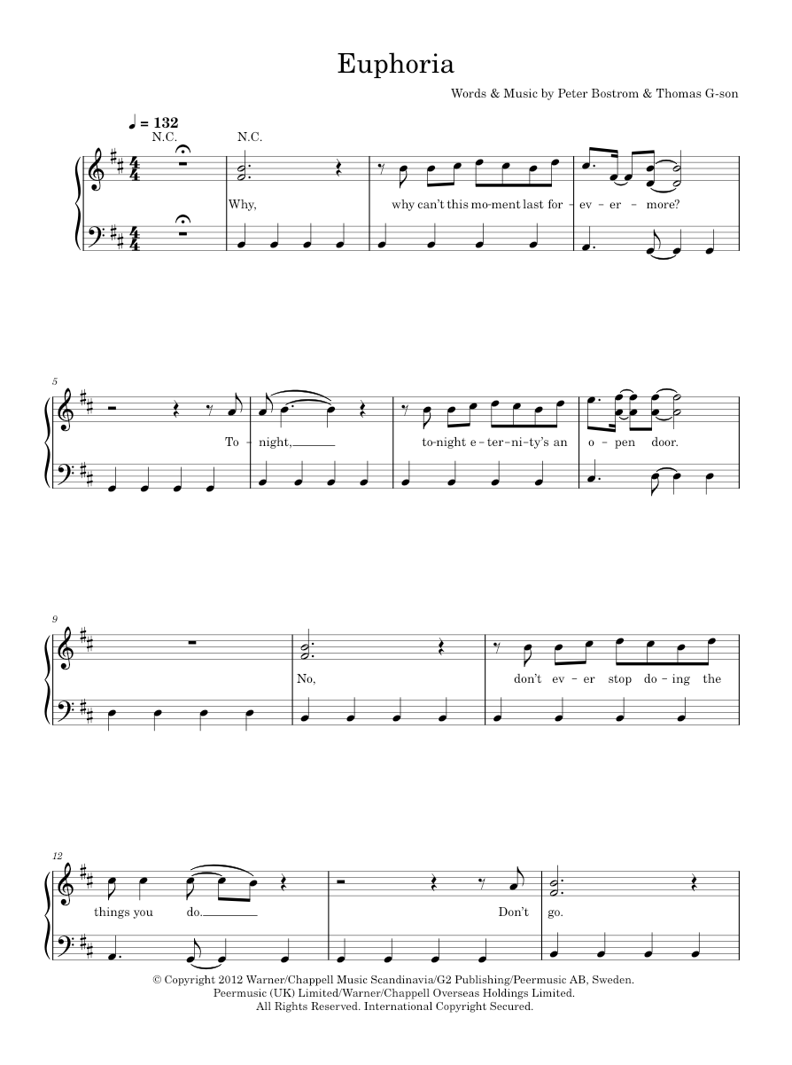 Play Official version of Euphoria sheet music by Loreen for Piano ...