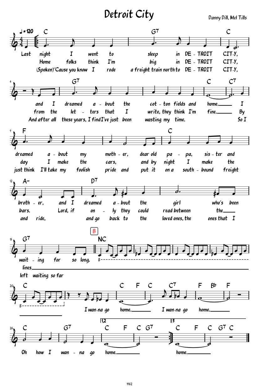 Detroit City (Lead sheet with lyrics ) Sheet music for Piano (Solo ...