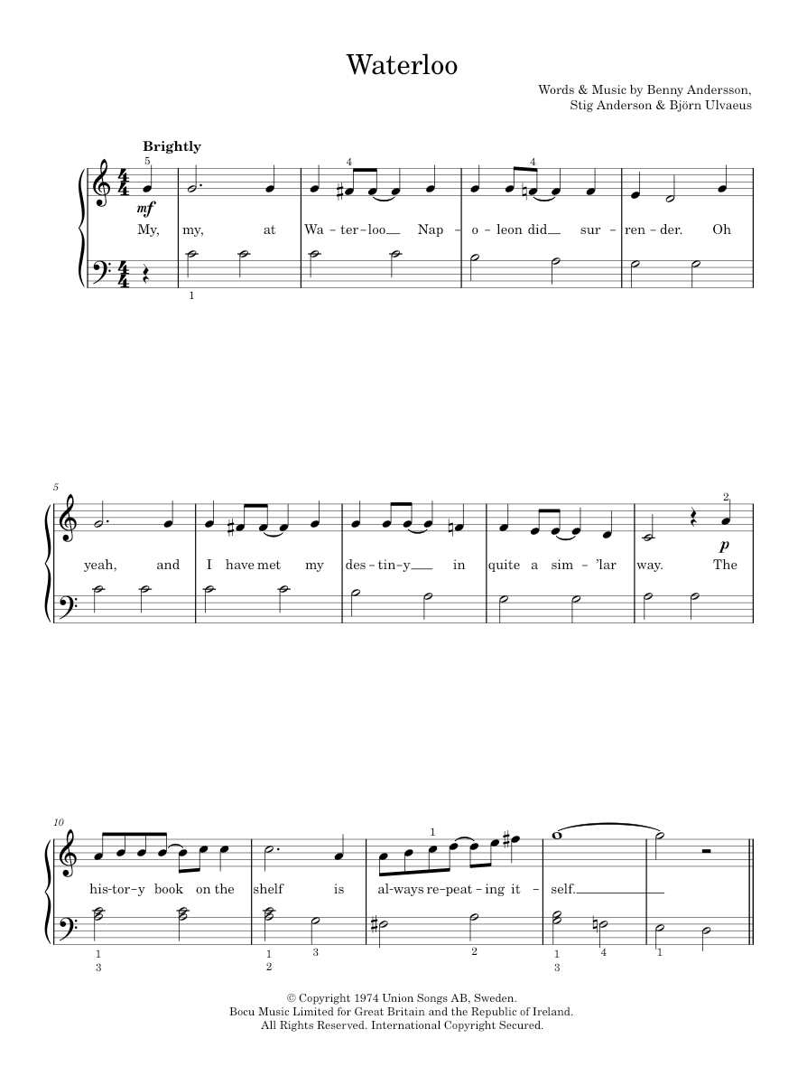 Play Official version of Waterloo sheet music by ABBA for Piano ...