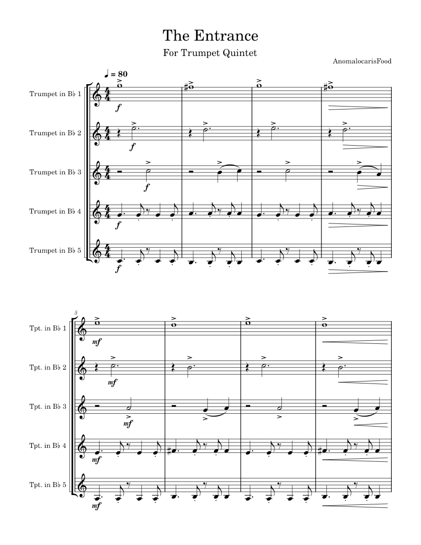 The Entrance Sheet music for Trumpet other (Brass Quintet) | Musescore.com