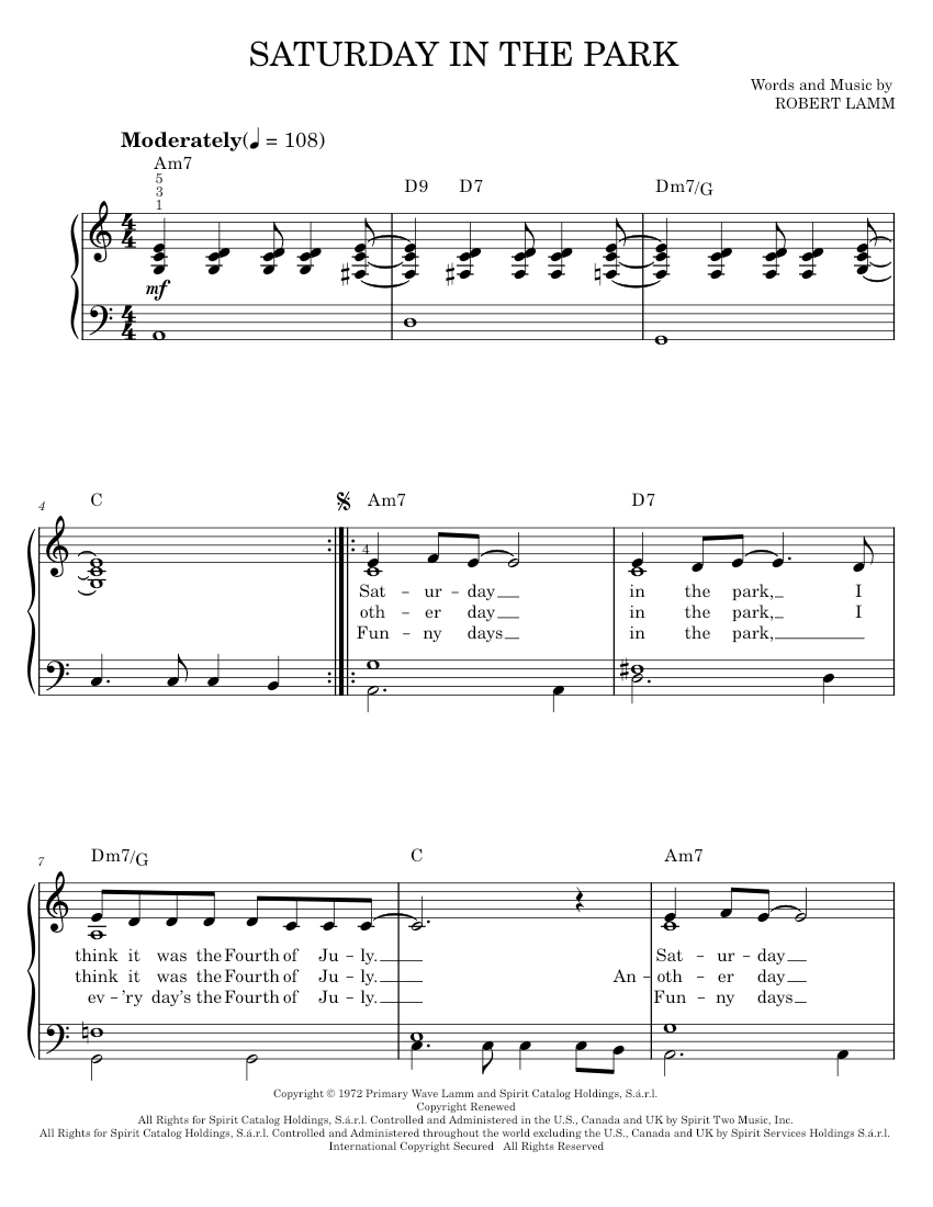 saturday in the park Sheet music for Piano by Chicago Official ...