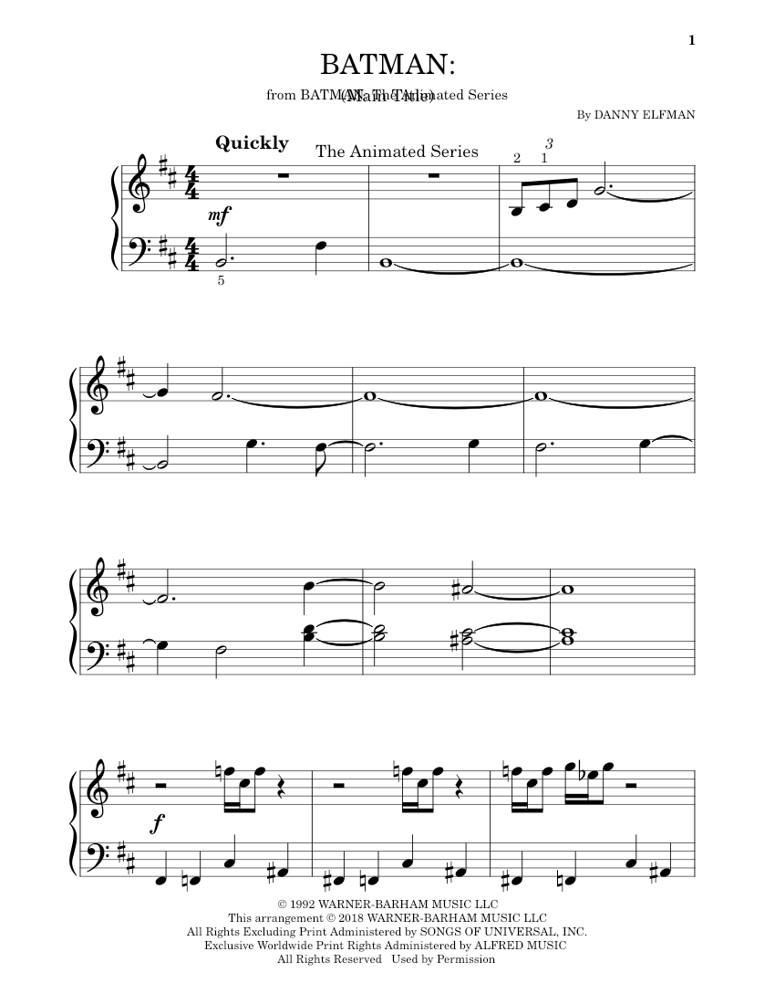 Play Official version of Batman Theme Sheet Music by Danny Elfman for ...