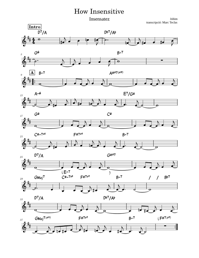 How Insensitive - Jobim (B-) Sheet music for Piano (Solo) | Musescore.com