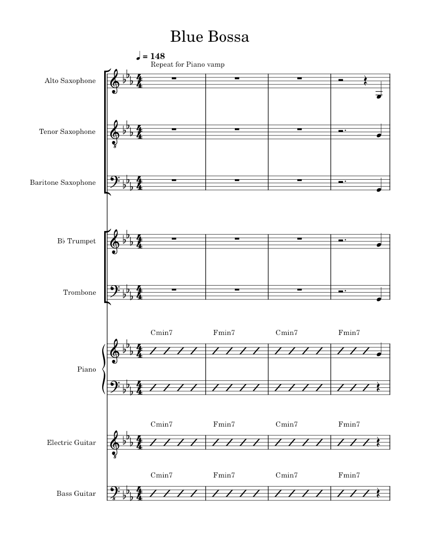Blue Bossa Sheet music for Piano, Trombone, Saxophone alto, Saxophone ...
