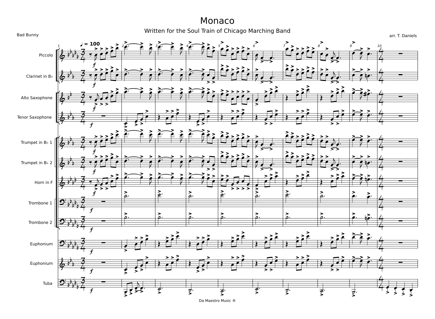 MONACO – Bad Bunny Sheet Music for Trombone, Tuba, Oboe, Saxophone alto ...