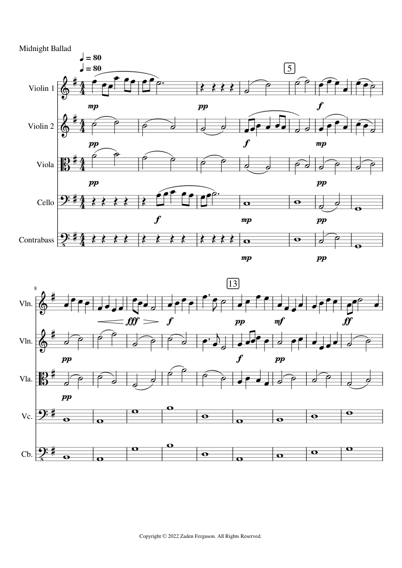 Midnight Ballad Sheet music for Contrabass, Violin, Viola, Cello ...