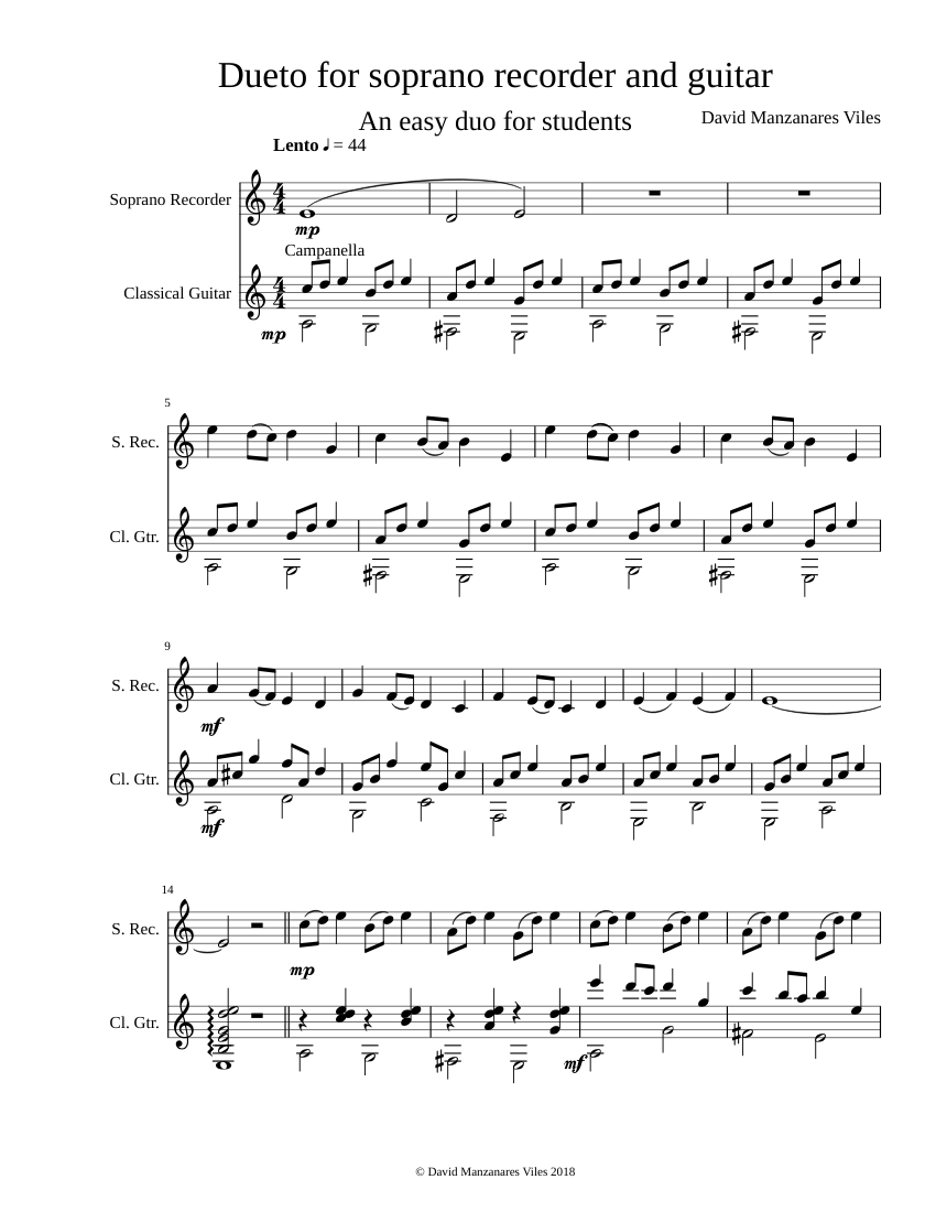 Dueto for soprano recorder and guitar Sheet music for Guitar, Recorder ...