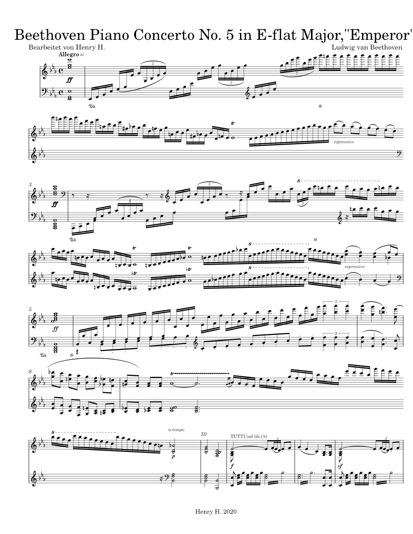 Piano Concerto No. 5 in E-flat Major, Emperor, Op. 73 - Beethoven - Transcription for Piano Solo ...