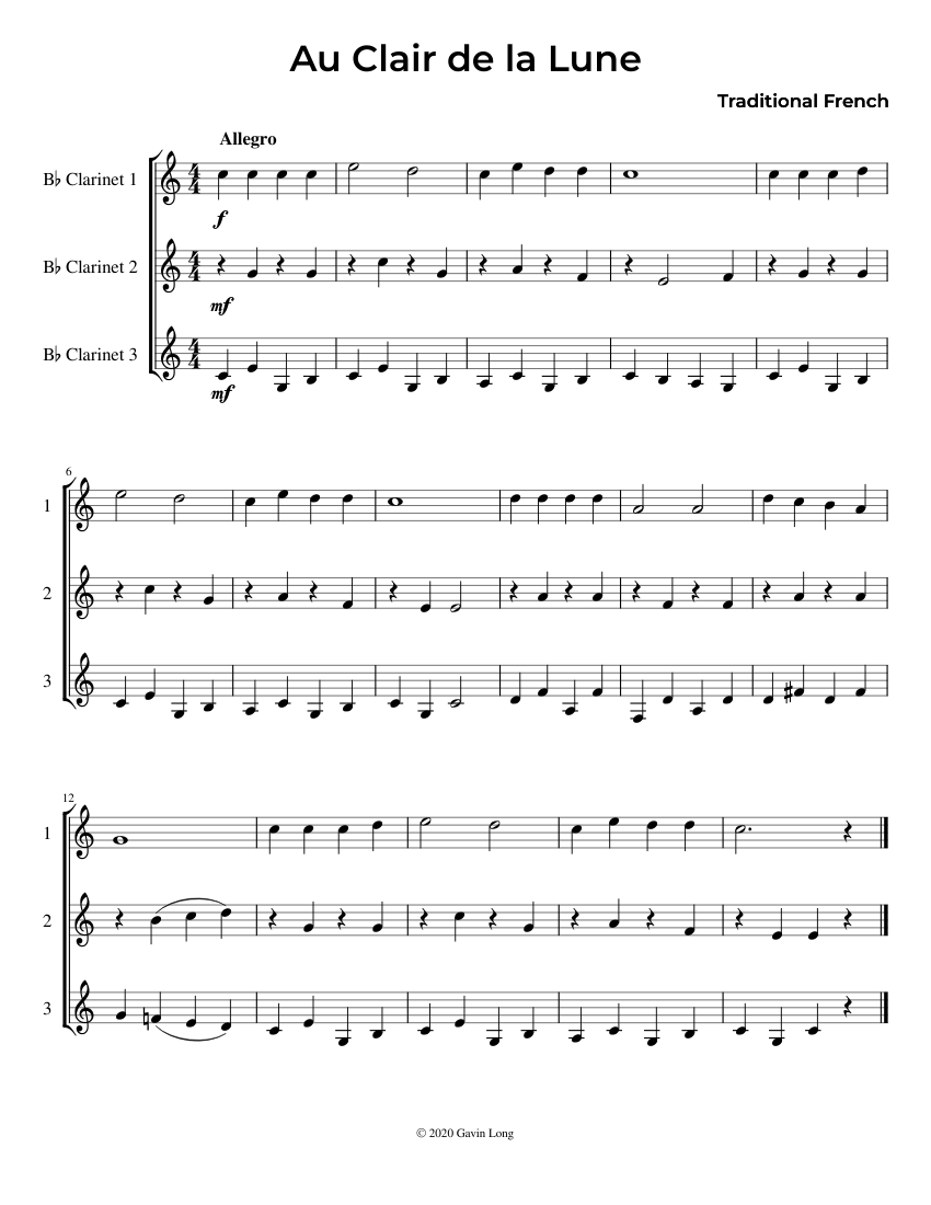 Au Clair de la Lune Woodwind Trio: Clarinet Sheet music for Clarinet in ...