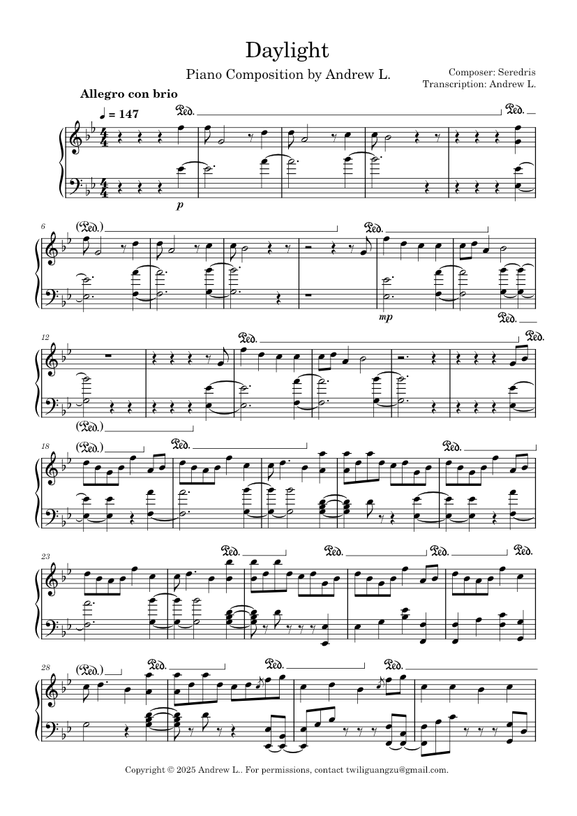 Daylight – Seredris Sheet Music for Piano (Solo) | MuseScore.com