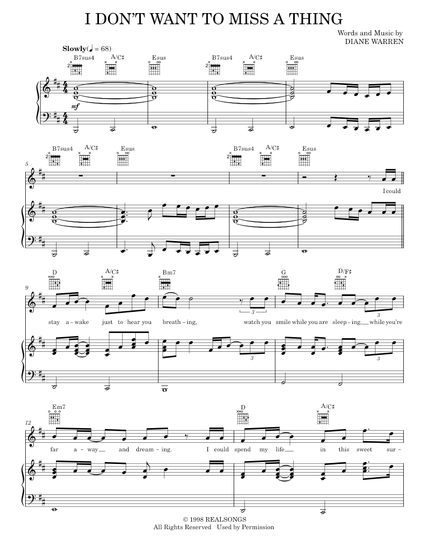 Play Official version of I Don't Want to Miss a Thing Sheet Music by ...