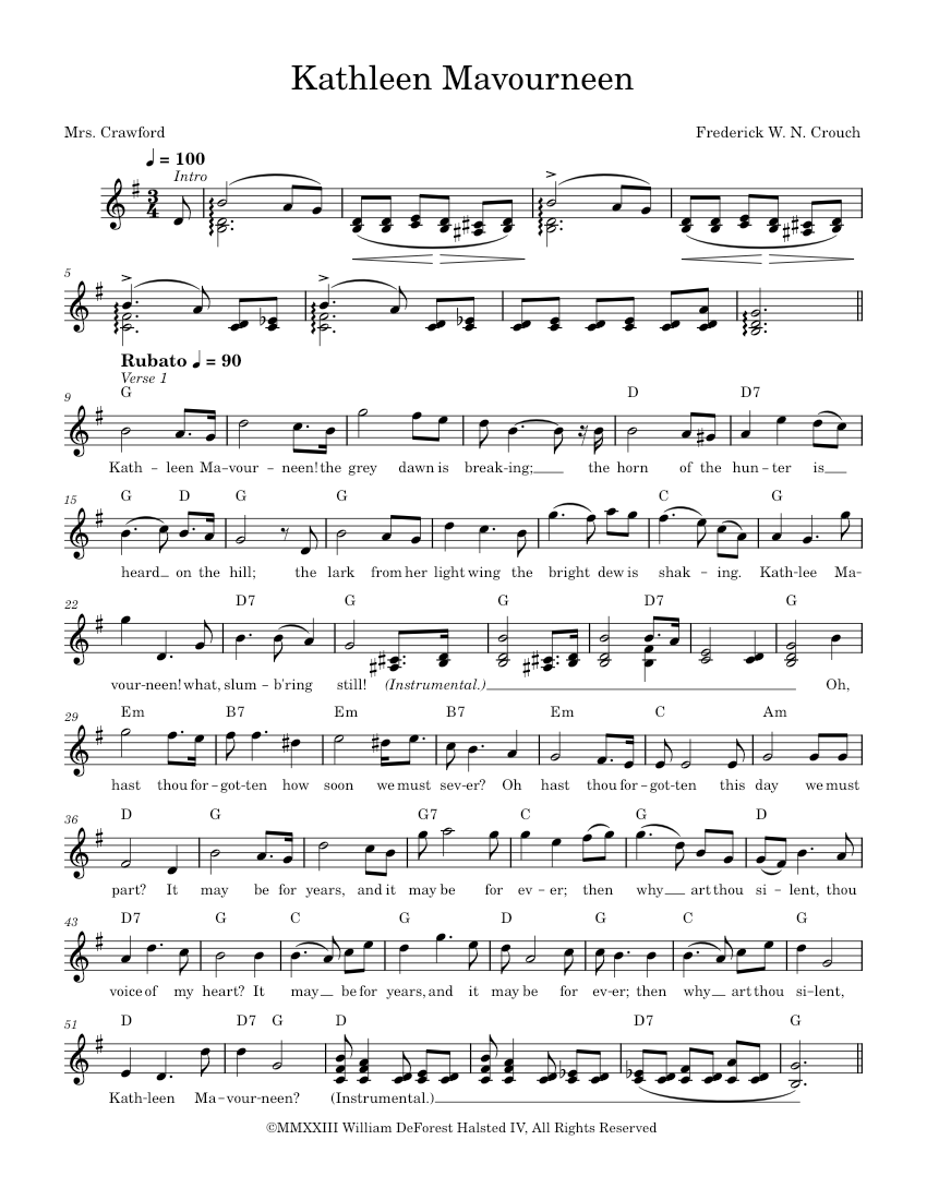 Kathleen Mavourneen — Frederick W. N. Crouch and Mrs. Crawford Sheet ...