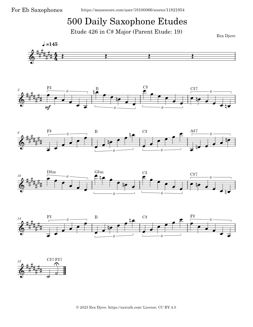 500 Daily Saxophone Etudes - Etude 426 in C# Major - Rex Djere Sheet ...