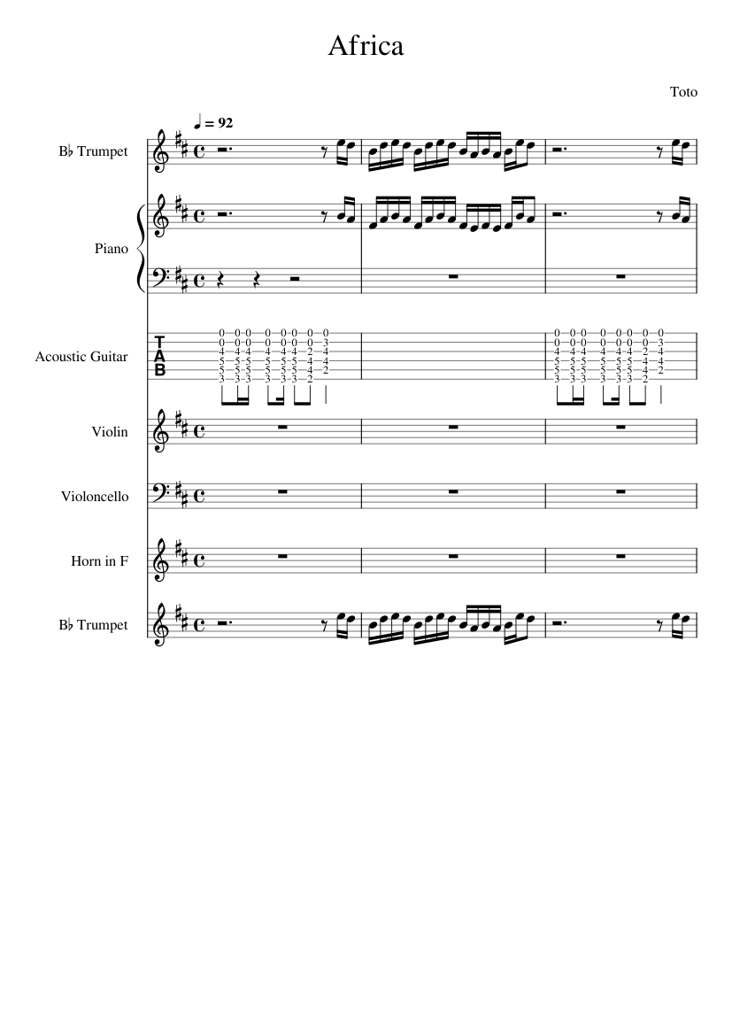 Africa – Toto Africa Sheet Music and Tab for Piano, Trumpet in b-flat ...