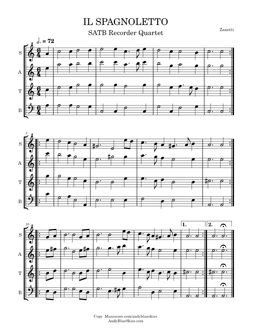 IL SPAGNOLETTO SATB Recorder Quartet – Zanetti Sheet music for Recorder ...