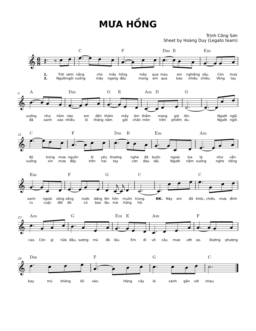 Mưa hồng Sheet Music with Chords for Piano (Solo) easy | MuseScore.com