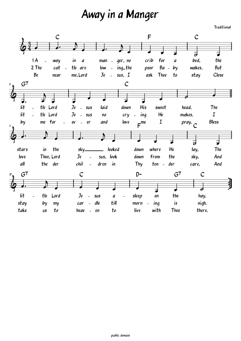 Away in a Manger (Lead sheet with lyrics ) Sheet Music for Piano (Solo ...