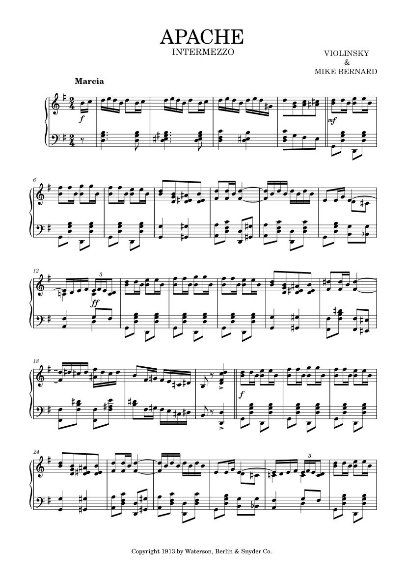 Apache (1913) Sheet music for Piano (Solo) | Download and print in PDF ...