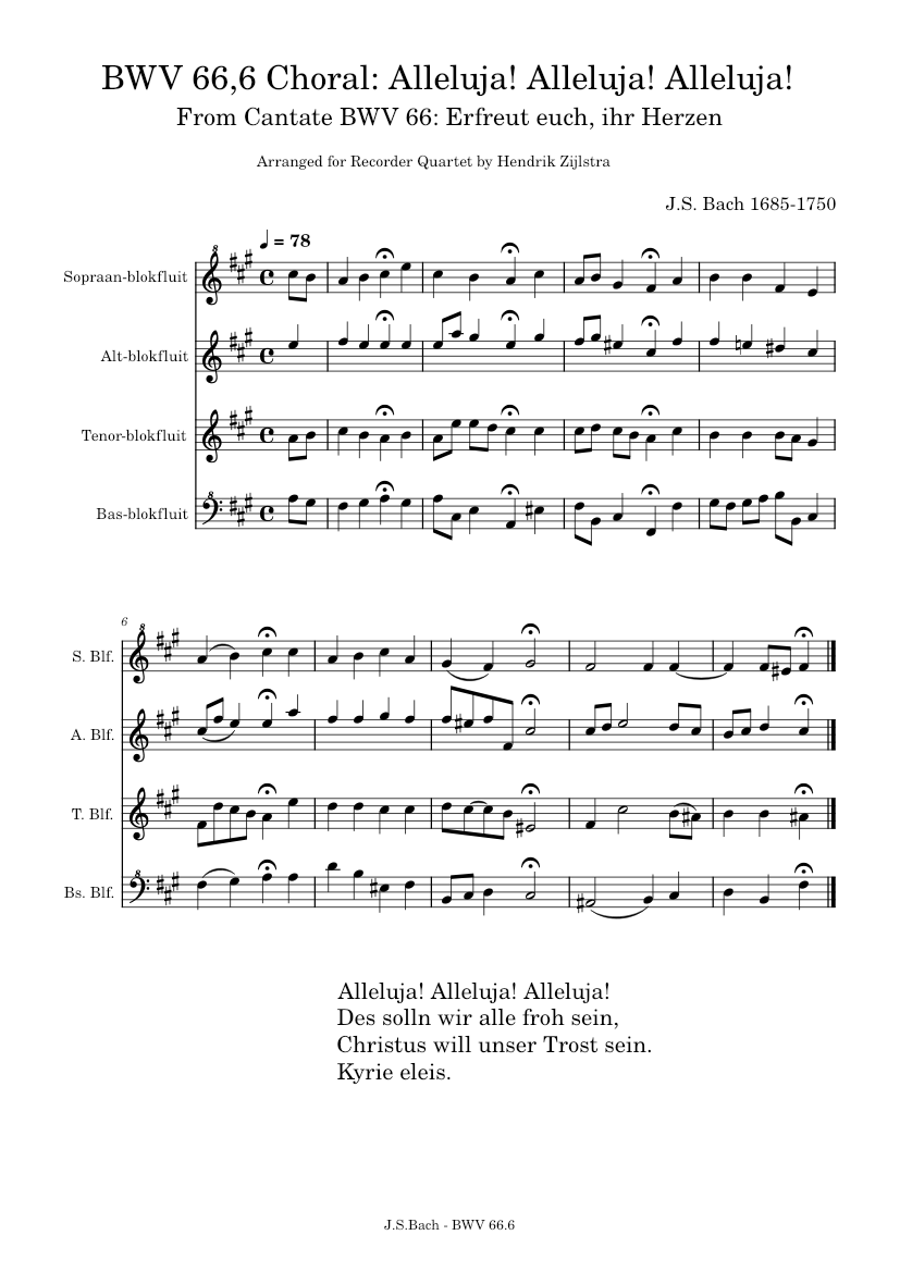 BWV 66,6 Choral Alleluja! Alleluja! Alleluja! Recorder SATB Sheet music ...