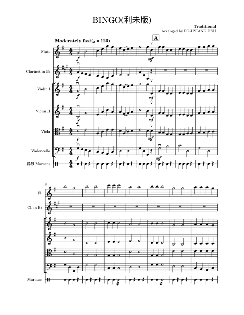 BINGO (利未版) Sheet music for Tambourine, Flute, Clarinet in b-flat ...
