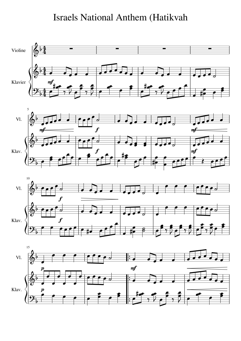 Israeli National Anthem (Hatikvah) Sheet Music for Piano, Violin (Solo ...