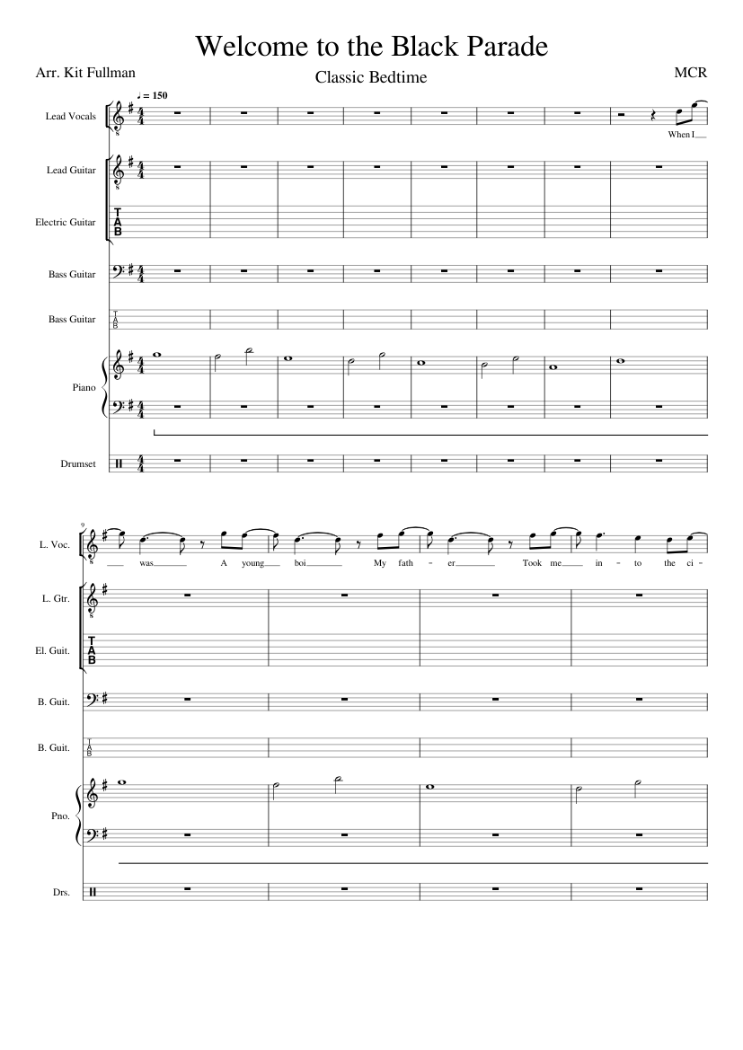 Welcome to the Black Parade Sheet Music for Piano, Vocals, Guitar, Bass ...