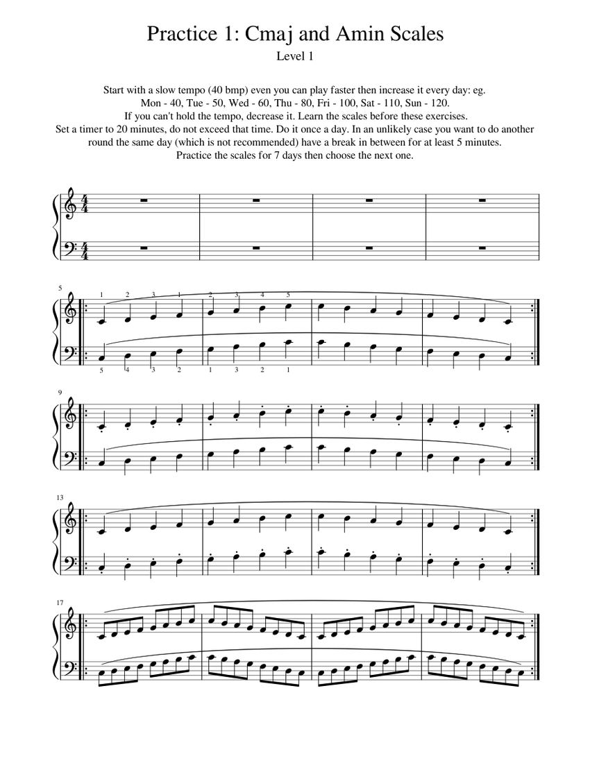 Practice 1: Cmaj and Amin Scales - Beginners Sheet music for Piano ...